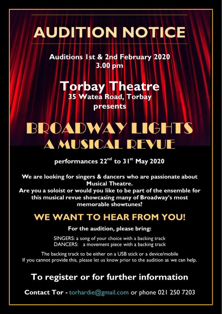Broadway Lights Audition Notice photo – Torbay Theatre